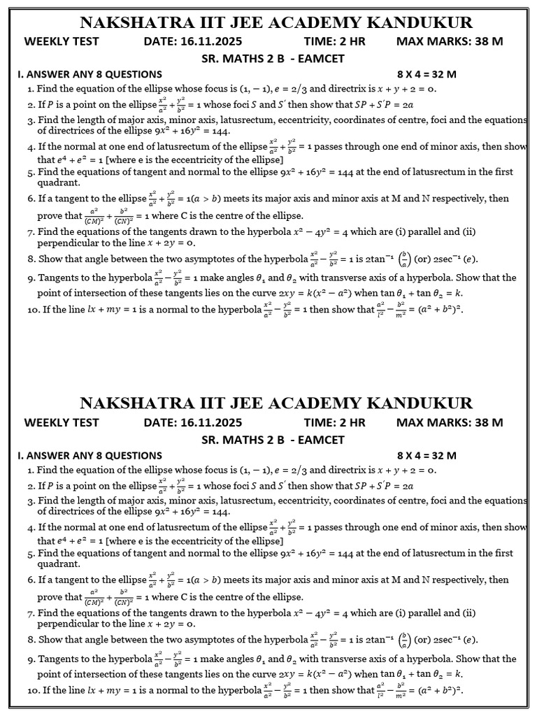 Sr Emcet 2b & Chem | PDF | Ellipse | Euclidean Geometry