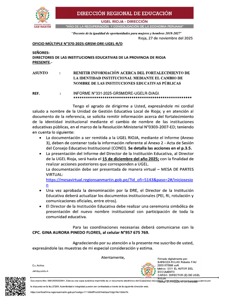 OFICIO MULTIPLE 370-2025-GRSM_DRE-UGELR_D. | PDF