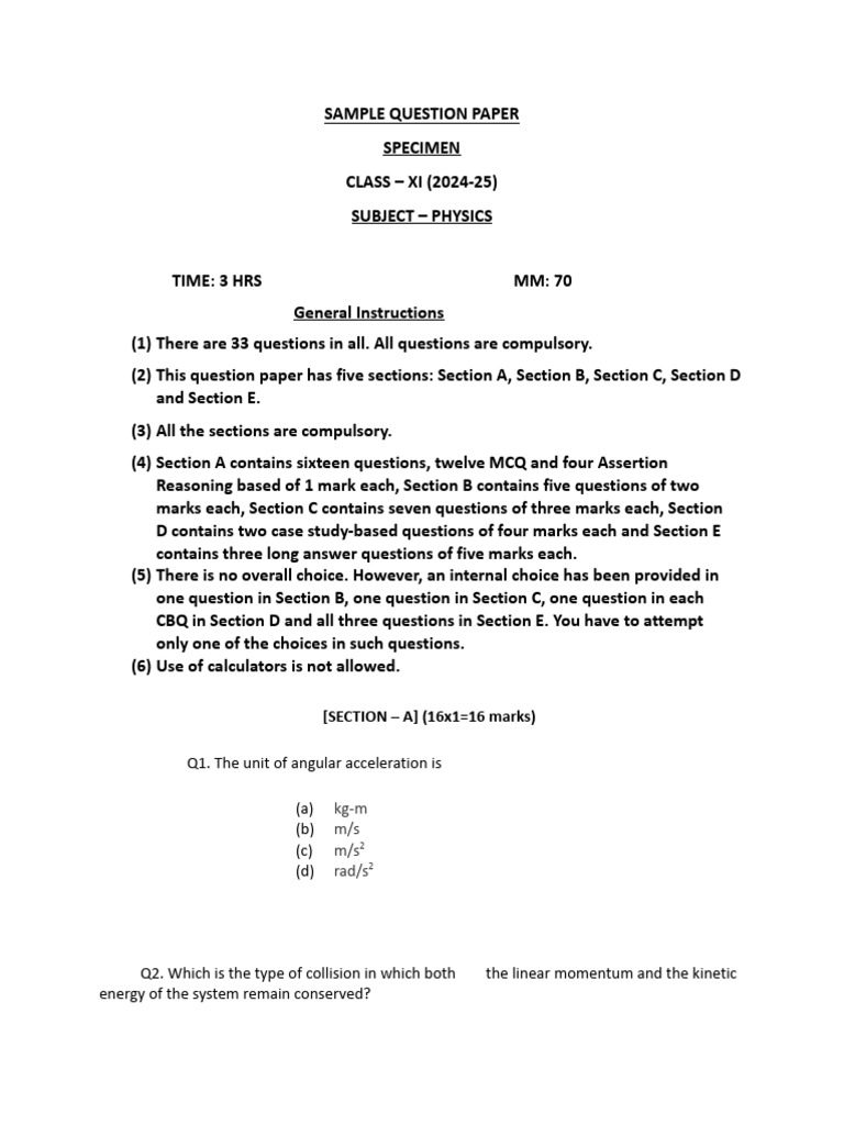 CLASS XI Sample Question Paper | PDF | Observational Error | Force