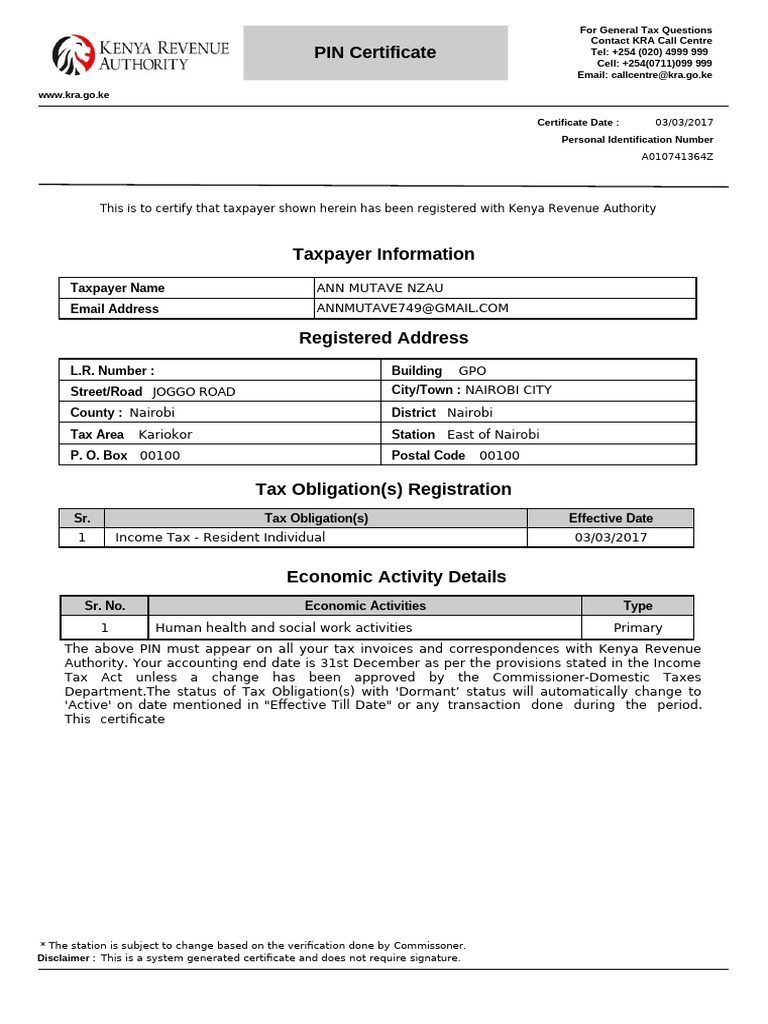 615891340 Kra Pin Certificate | PDF | Taxes | Taxation