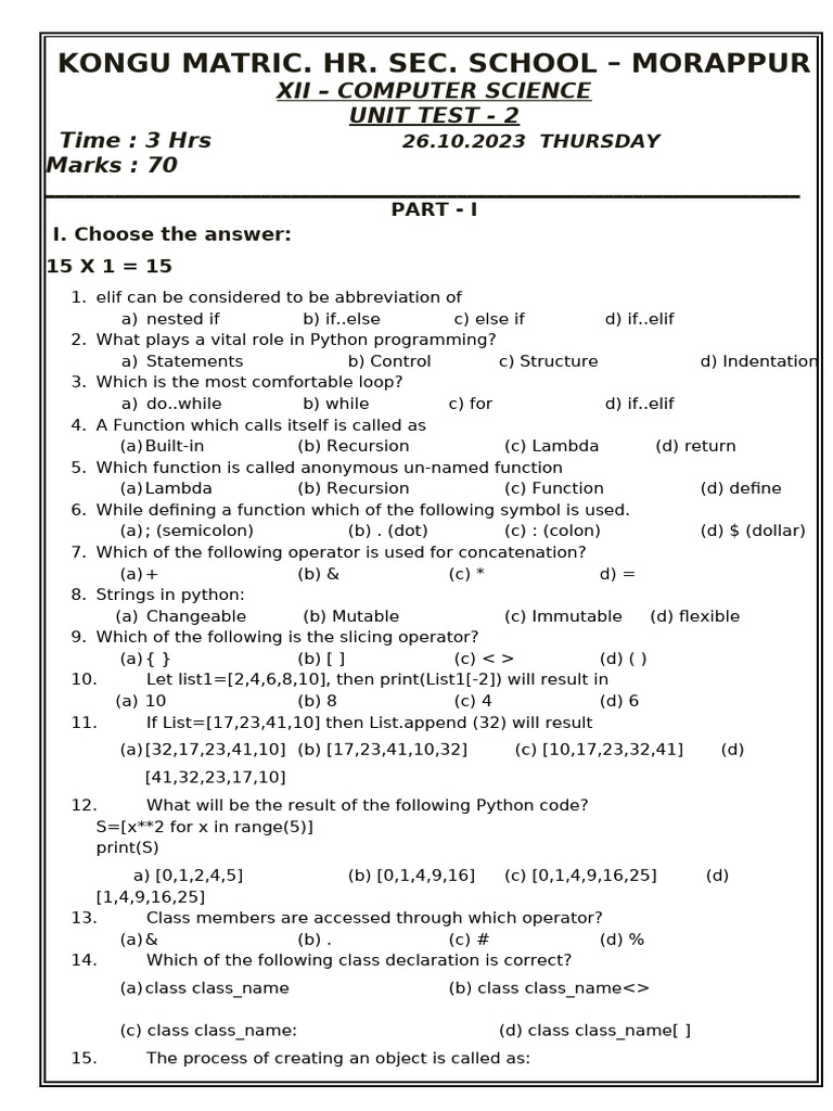26.10.2023 Computer Science Unit Test 2 | PDF | Class (Computer ...