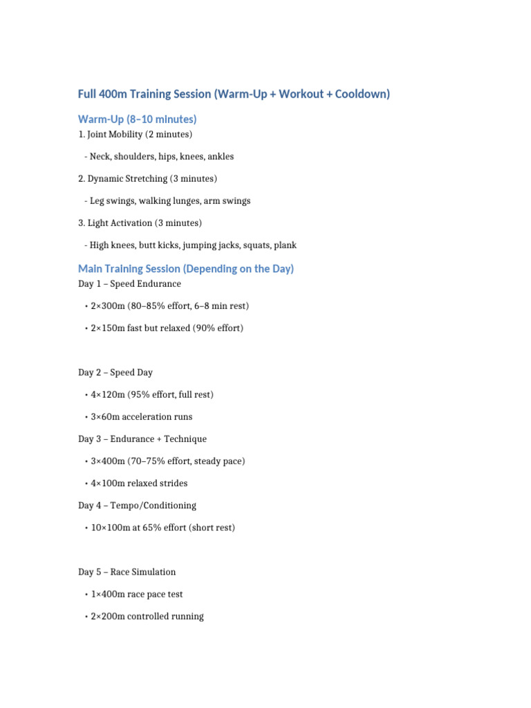 400m Training Plan: Warm-Up to Cooldown | PDF