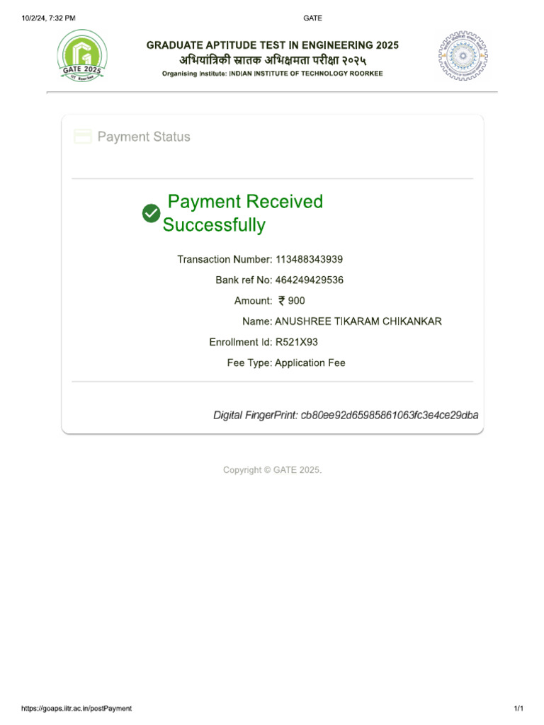 GATE Fees Recipt | PDF
