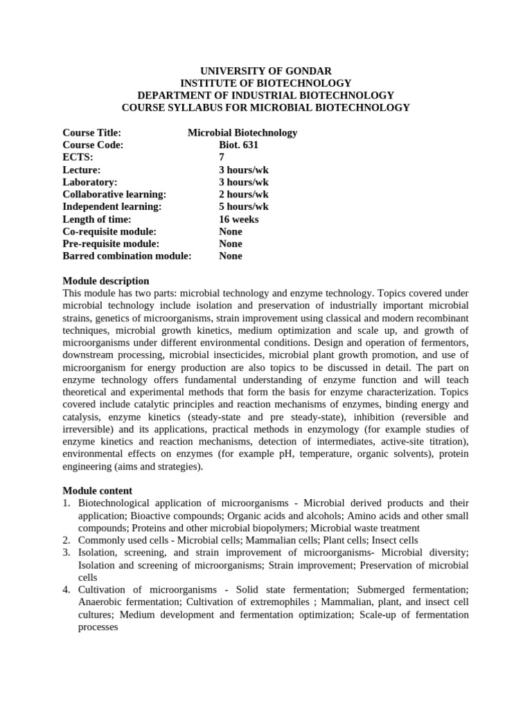 Microbial Biotechnology Course Syllabus | PDF | Microorganism ...
