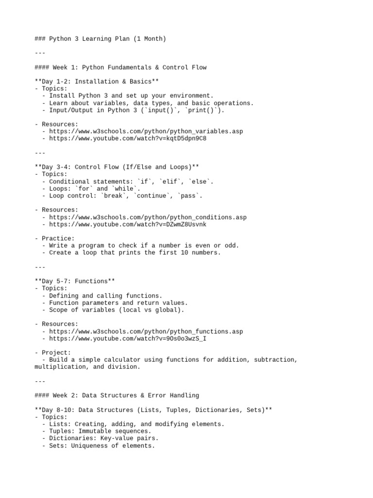 Python 3 Learning Plan (1 Month | PDF | Control Flow | Object Oriented ...