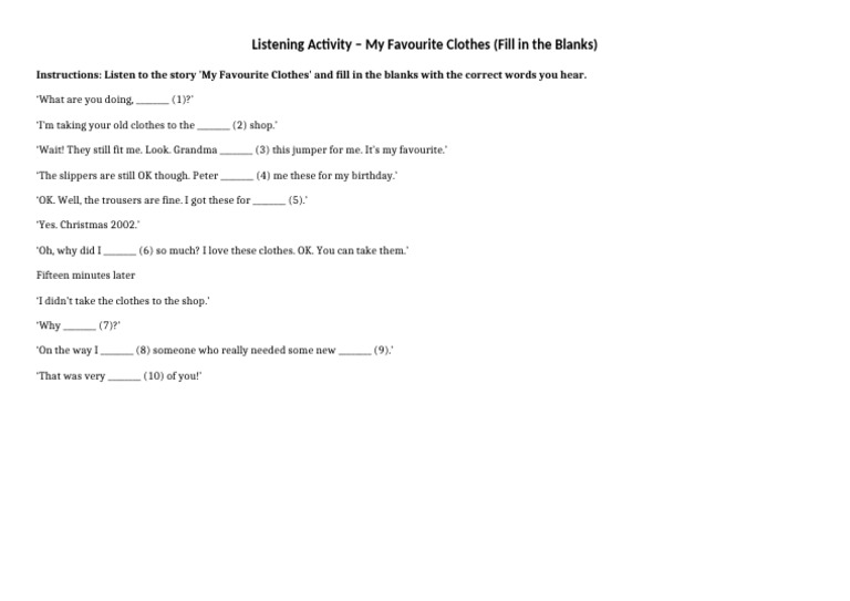 My Favourite Clothes Fill in the Blanks | PDF