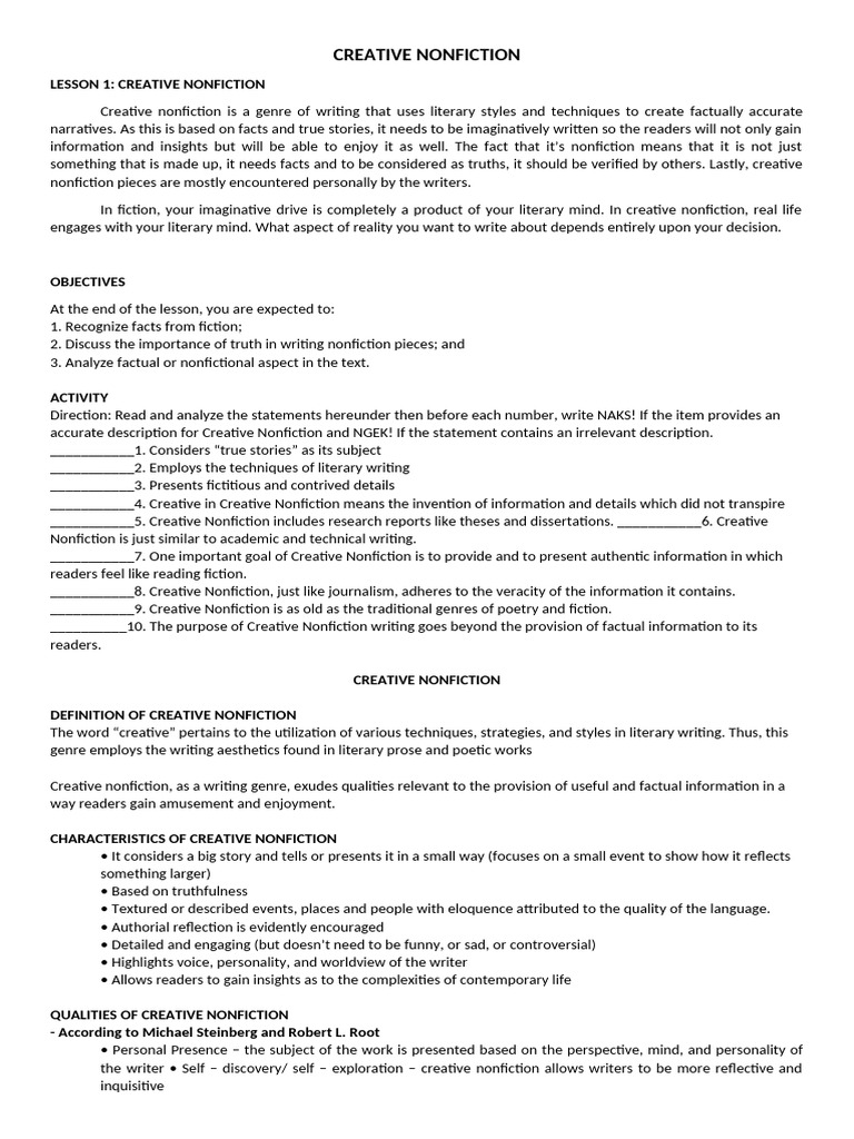 Creative Nonfiction Notes | PDF | Creative Nonfiction | Narrative