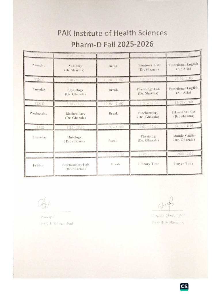 Time Table Pharm D | PDF