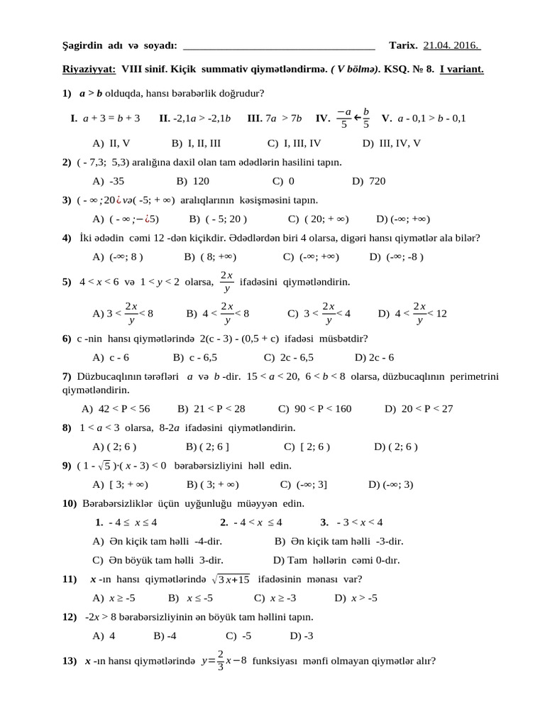 8 s Riyaziyyat Ksq 8 I-II Variant Frman Vliyev 1 | PDF