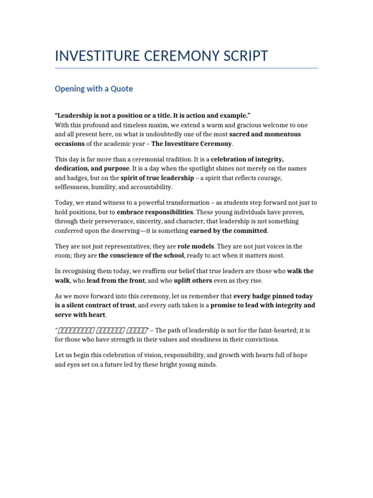 Investiture Ceremony Script Overview | PDF | Humility | Leadership
