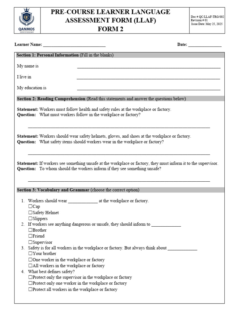 Learner Language Assessment Form (LLAF) - F2-V1-250525 | PDF | Applied ...