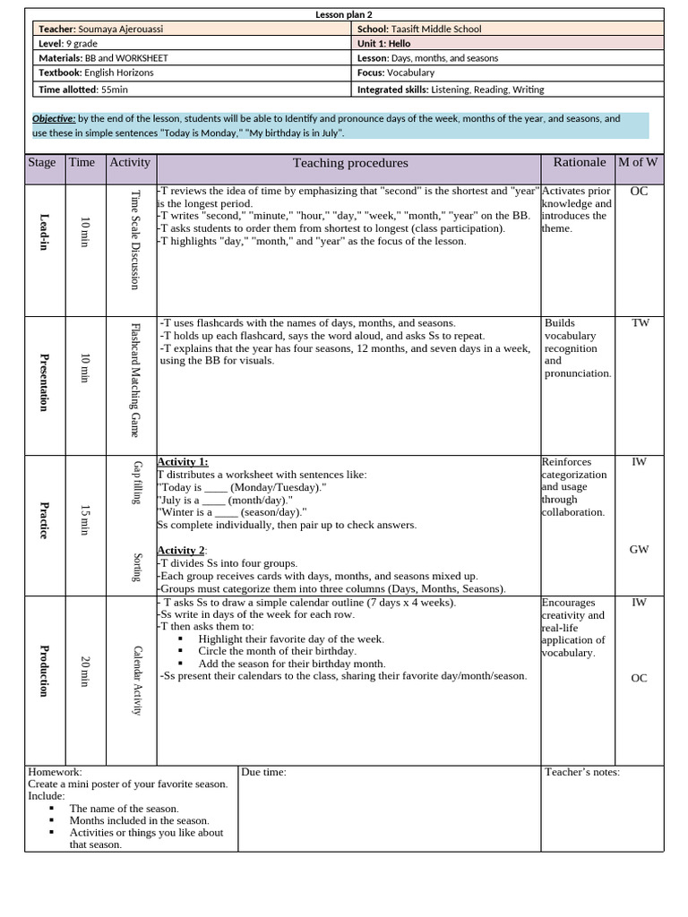 Lesson 2, Days, Months, and Seasons | PDF | Cognitive Science | Cognition