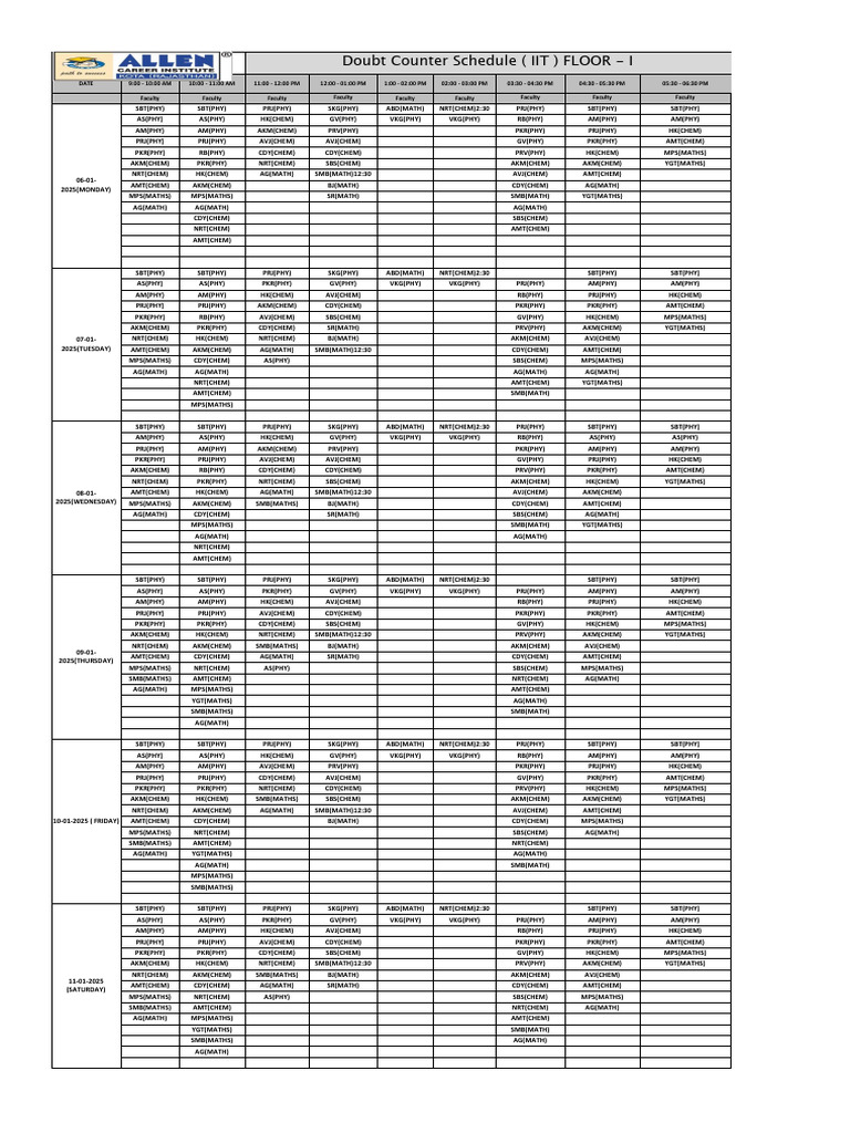Doubt Counter Schedule (IIT) FLOOR - I | PDF
