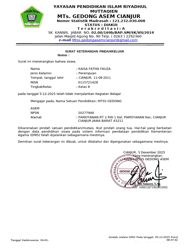 Mutasi Keluar - Surat Keterangan - KAISA FATHA FAUZA (1) | PDF