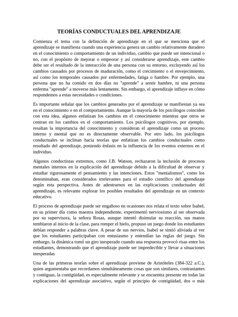 Teorías Conductuales Del Aprendizaje | PDF | Condicionamiento clásico ...