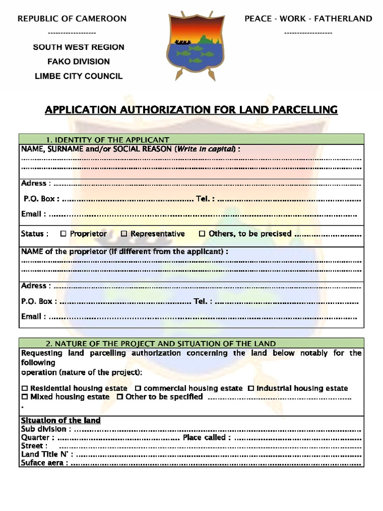 Land Parcelling Authorization Application Form for Limbe City Council | PDF