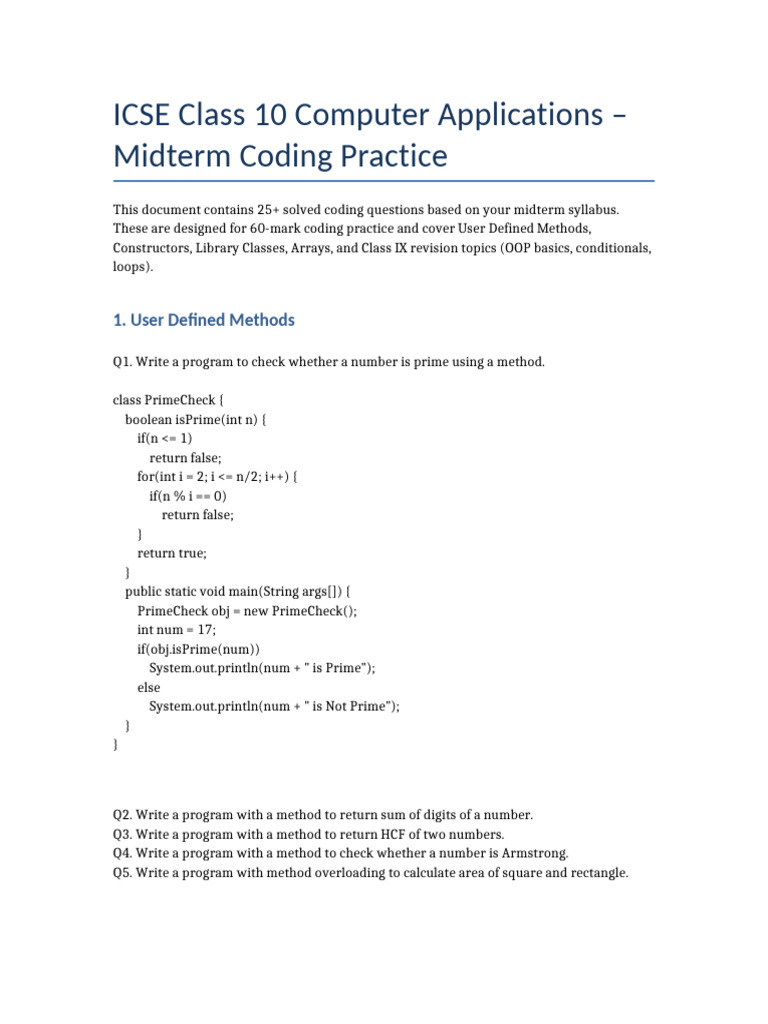 ICSE Class10 Midterm Coding Practice | PDF | Computer Engineering | Object Oriented Programming