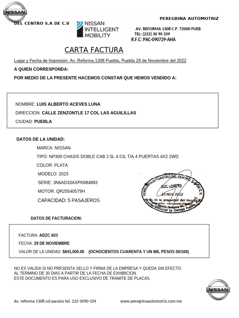 Carta Factura Nissan | PDF