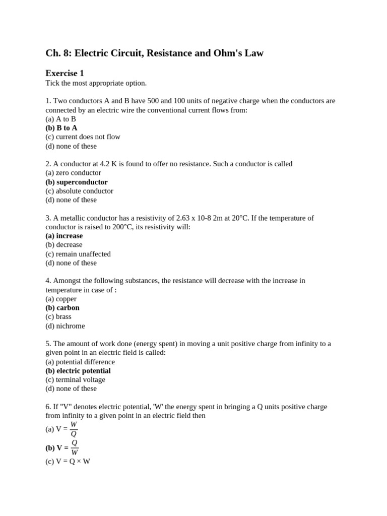 MCQ of Electric Circuits, Resistance and Ohm's Law (Verified) | PDF ...
