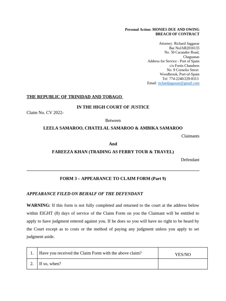 Form 3 Appearance To Claim Form | PDF | Common Law | Justice