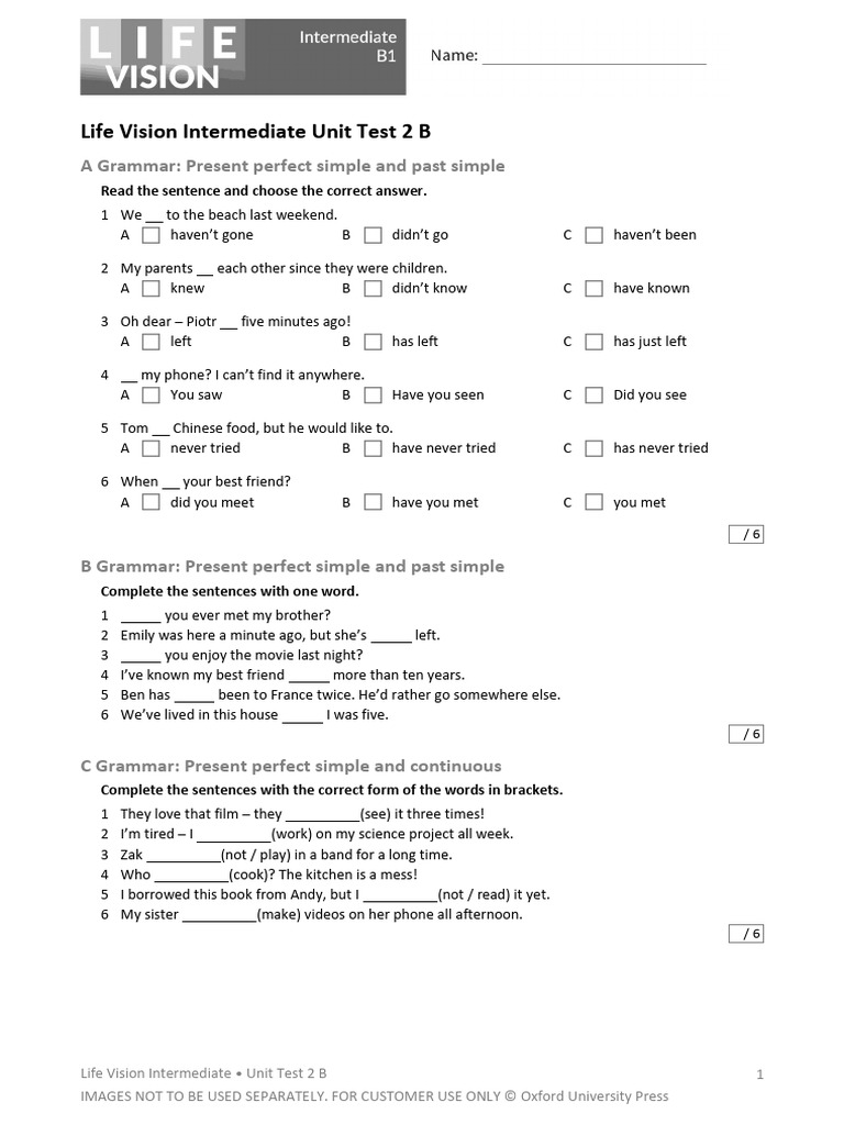 Life Vision Intermediate Unit Test 2 B | PDF | Vocabulary