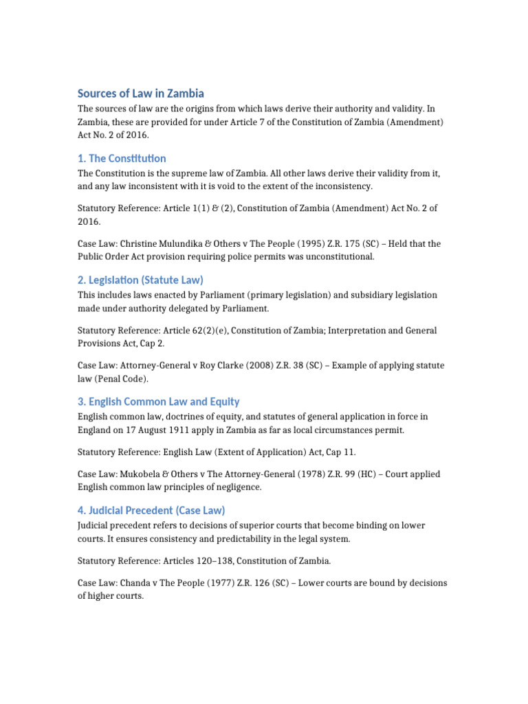 Sources of Law in Zambia | PDF | Case Law | Sources Of Law