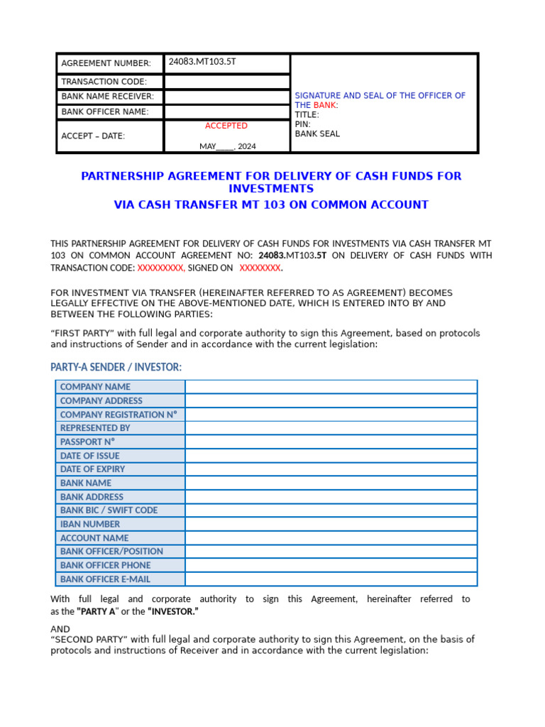 5t Cash Transfer MT 103 Agreement # 24083.Mt103.5t | PDF | Investing ...