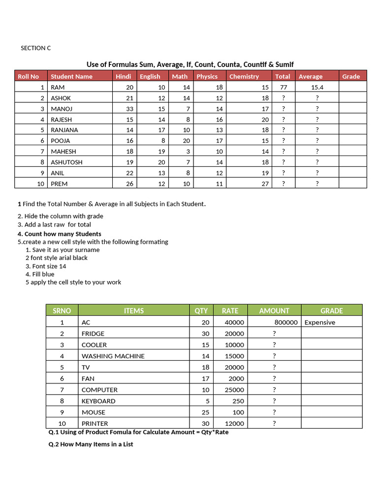 50 Ms Excel Assignments PDF For Practice | PDF | Fruit | Vegetables