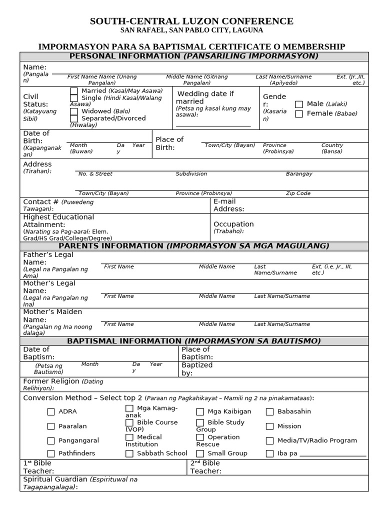 Baptismal Form Tagalog Latest | PDF