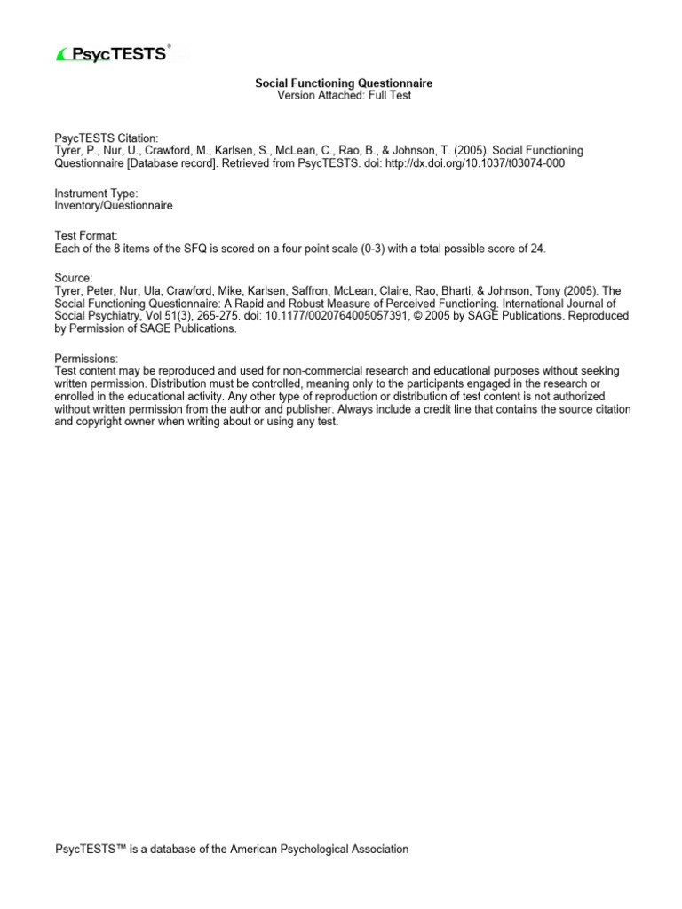 social-functioning-questionnaire | PDF | Psychological Concepts ...