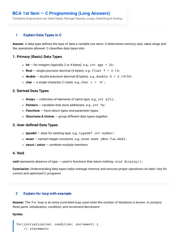 BCA 1st Sem — C Programming (Long Answers) | PDF | Data Type | Integer (Computer Science)