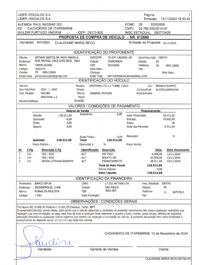 Proposta + Contrato a Assinar Arthur Santos Da Mata Marvila | PDF