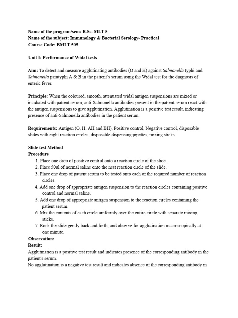 Performance of Widal Test | PDF | Microbiology | Medical Tests