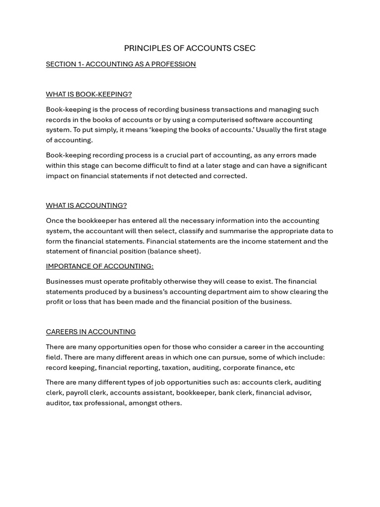 Principles of Accounts CSEC Overview | PDF | Accounting | Bookkeeping