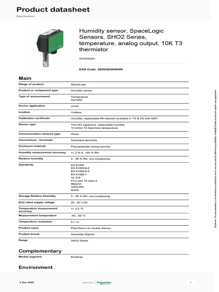 Schneider Electric Humidity-Sensors SHO2XA2H (1) | PDF | Sensor | Humidity