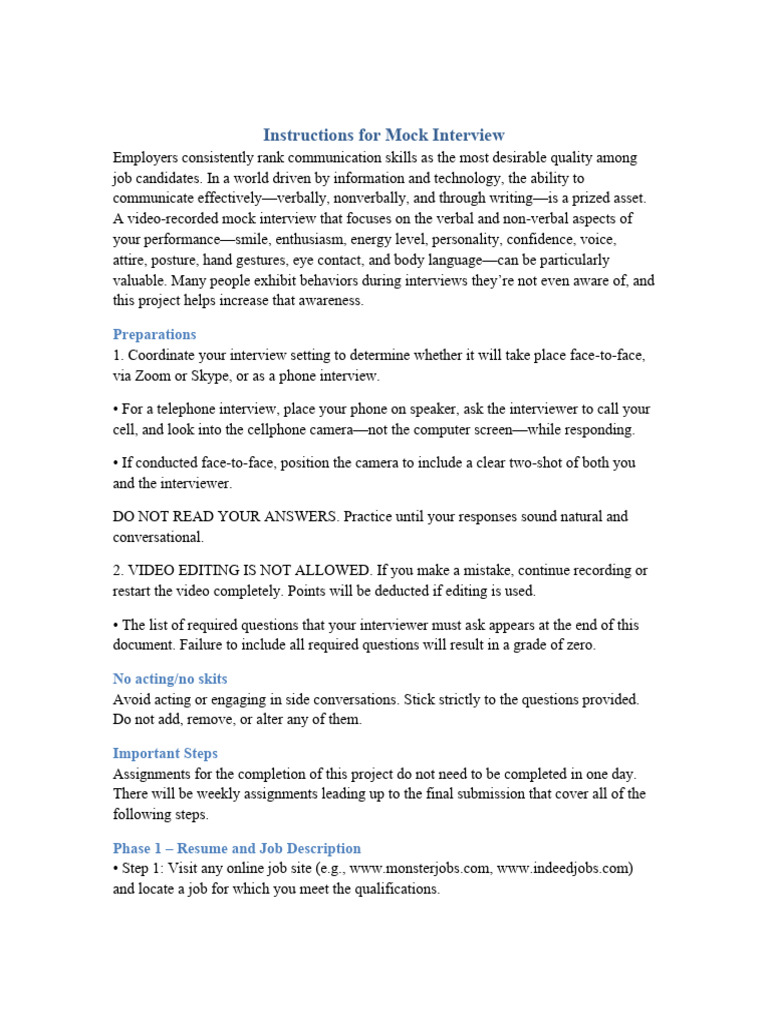 Instructions For The Mock Interview-1 | PDF | Nonverbal Communication ...