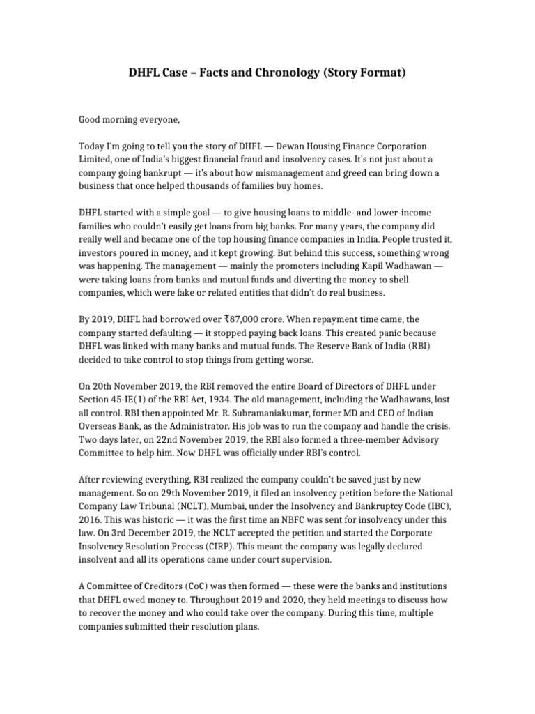 DHFL Case Facts and Chronology Story | PDF | Bankruptcy | Money