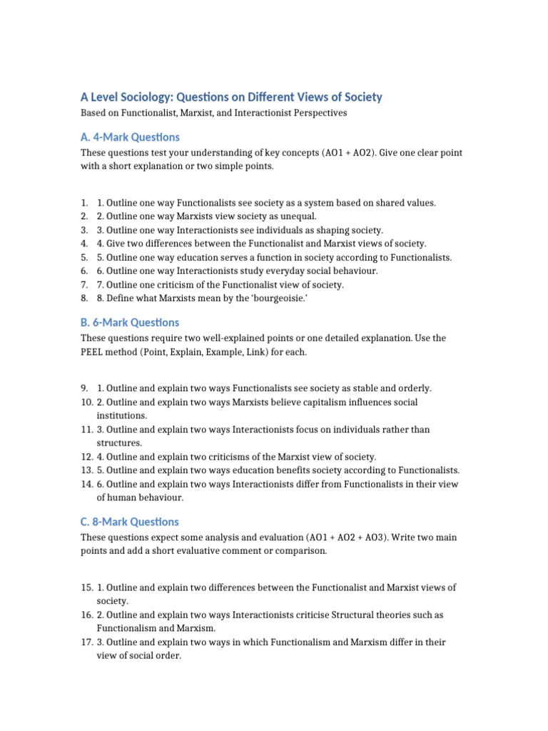 A Level Sociology Views of Society Questions | PDF | Marxism | Society