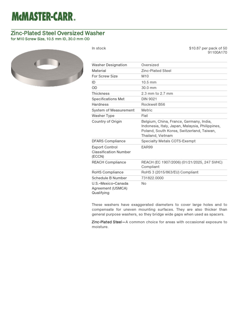 Zinc-Plated Steel Oversized Washer, For M10 Screw Size, 10.5 MM ID, 30. ...