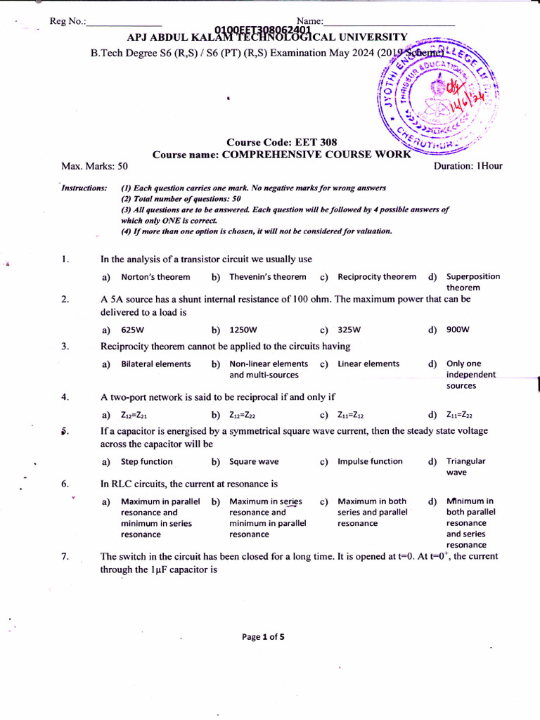 Eet308 2024 Eet308 Comprehensive Course Work May 2024 | PDF | Resonance | Electrical Network