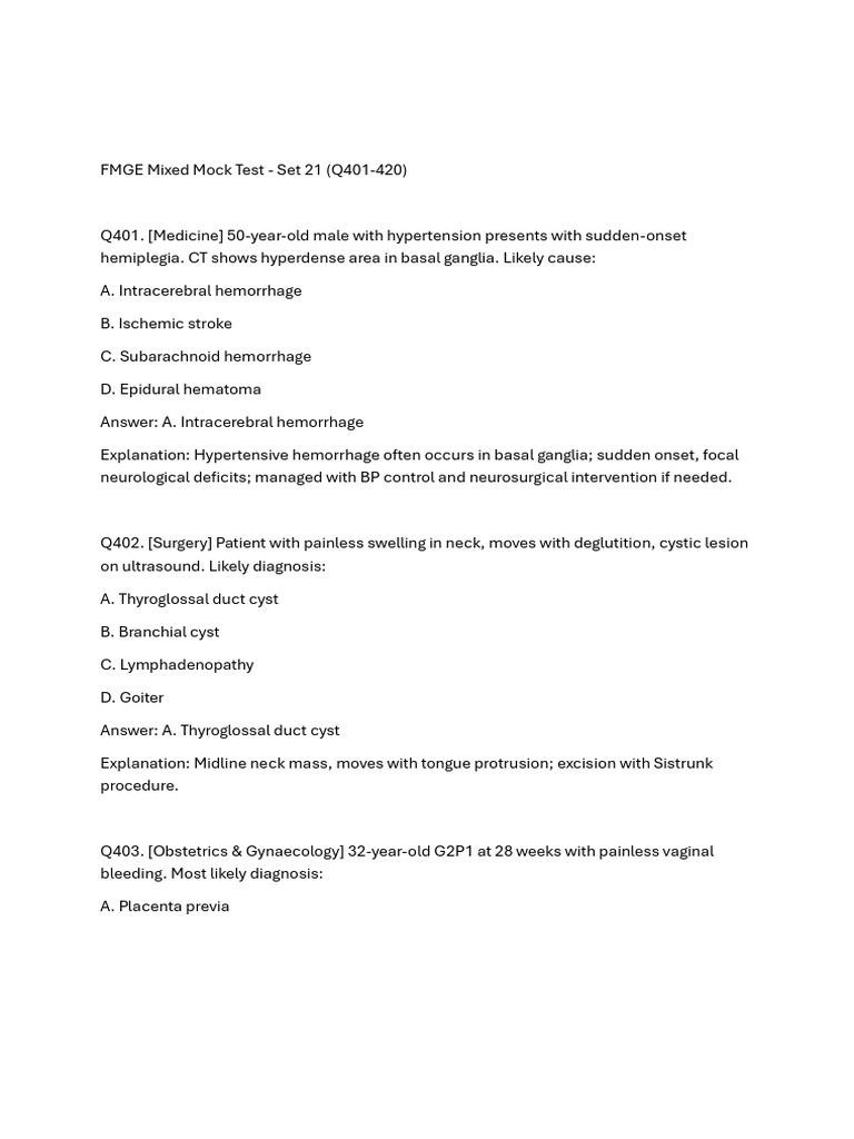 FMGE Mock Test Set 21: Medical Questions | PDF | Pneumonia | Hepatitis