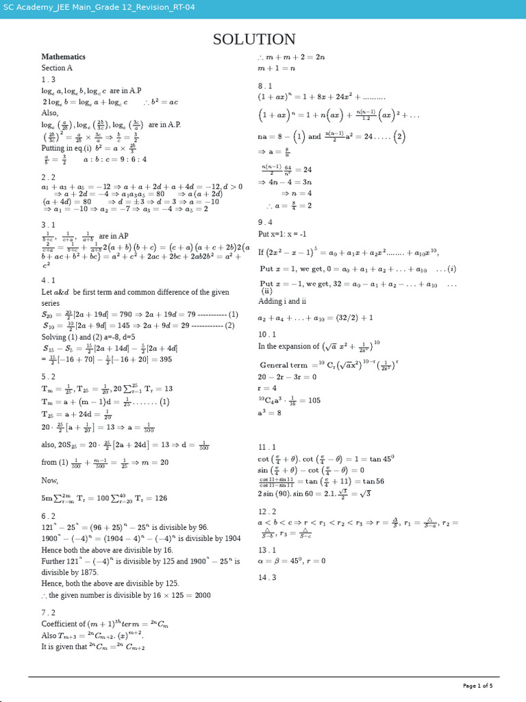 SC Academy JEE Main Grade 12 Revision RT-04-Solution | PDF