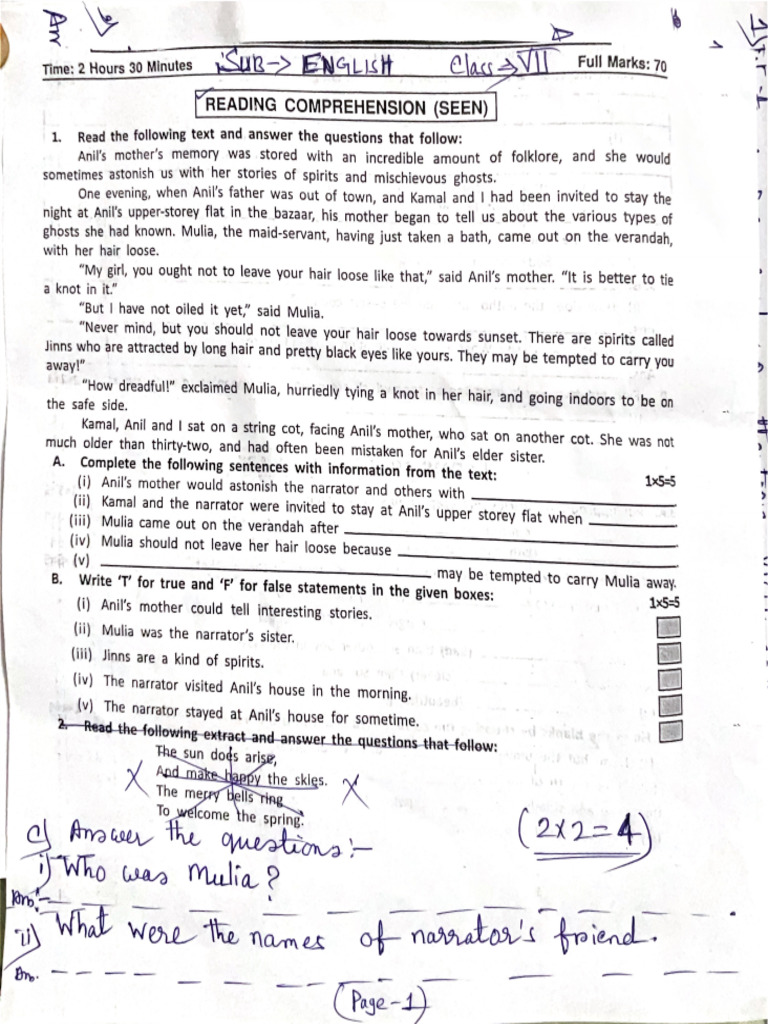 Class VII Question Paper, EnGLISH | PDF