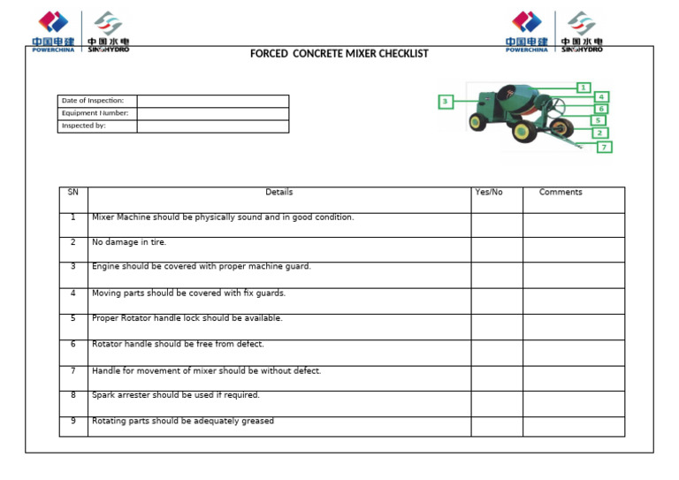 Forced Concrete Mixer Inspection Checklist | PDF