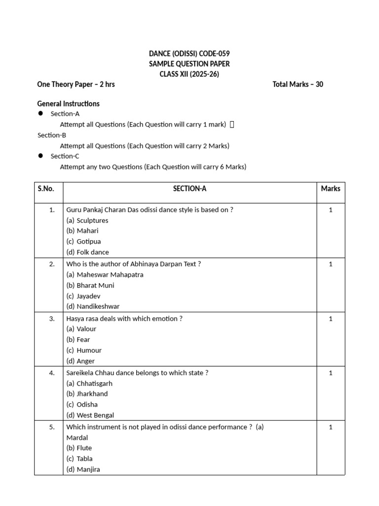 Odissi Dance Class XII Sample Paper | PDF | Dances