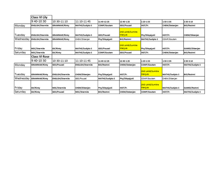 Class VI Weekly Schedule Overview | PDF