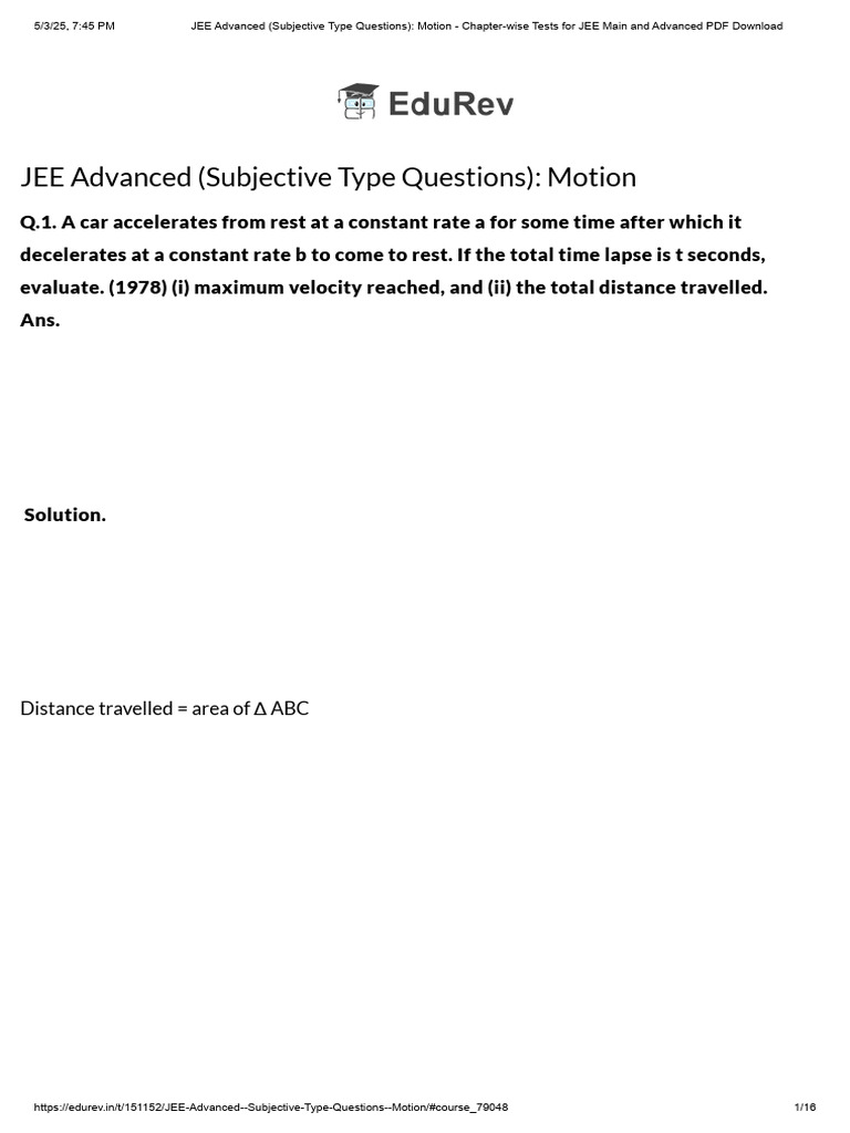 JEE Advanced Motion Questions & Solutions | PDF | Velocity | Acceleration