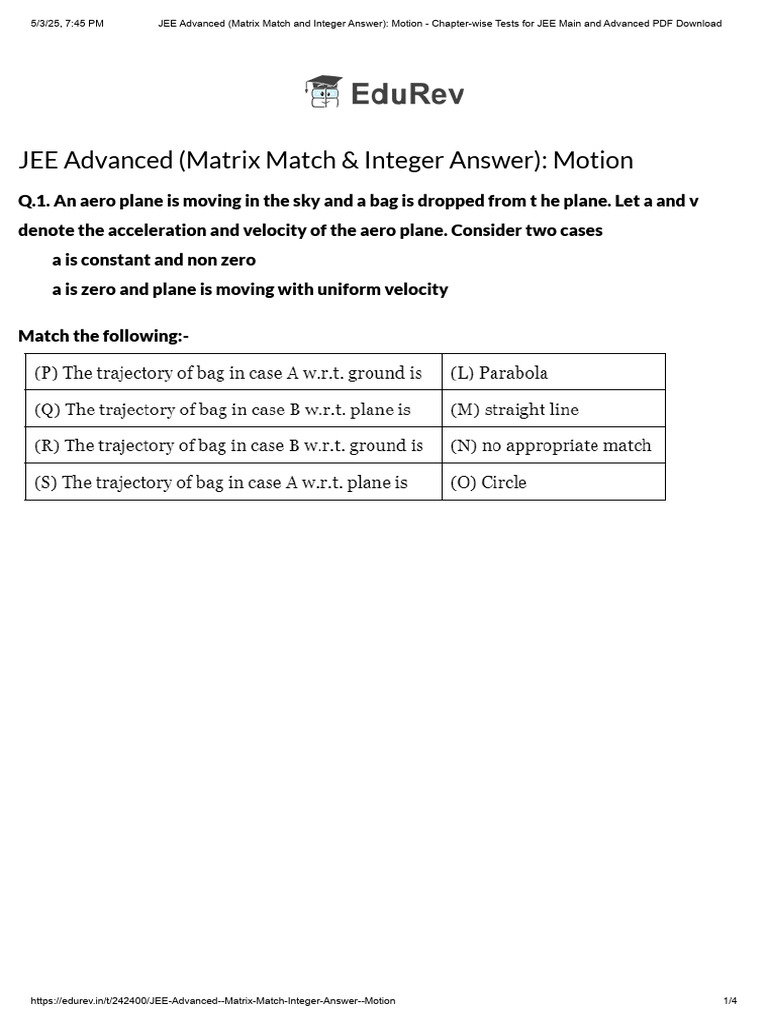 JEE Advanced (Matrix Match and Integer Answer) - Motion - Chapter-Wise ...