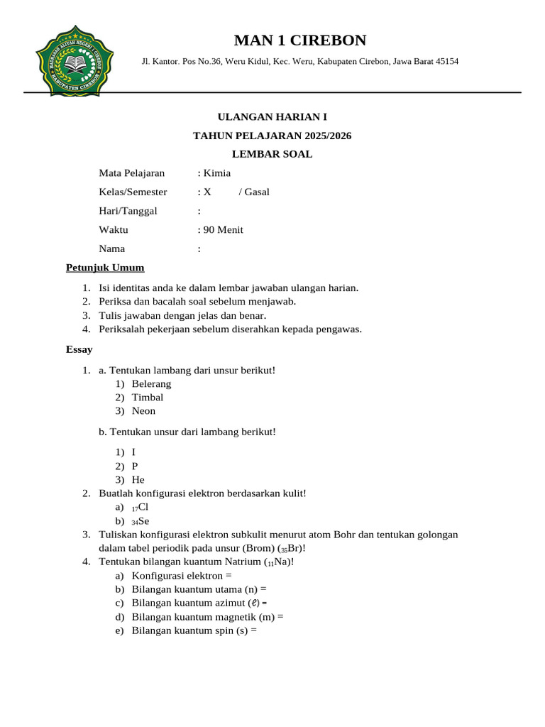 Ulangan Harian Kimia X Man 1 Cirebon | PDF