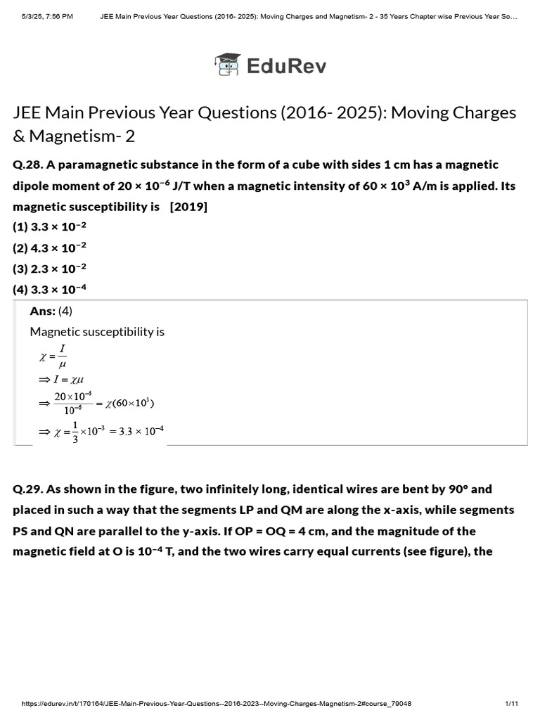 JEE Main 2016-2025: Magnetism Questions | PDF | Magnetic Field | Magnetism